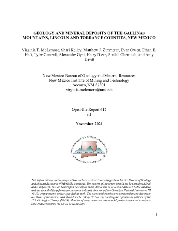 (PDF) Geology and mineral deposits of the Gallinas Mountains, Lincoln ...