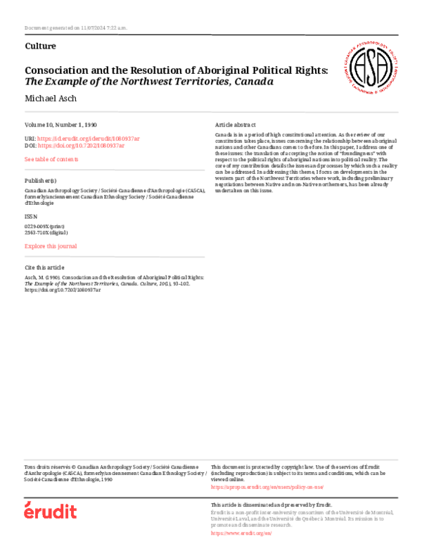 (PDF) Consociation and the Resolution of Aboriginal Political Rights ...