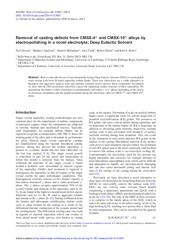 (PDF) Removal of casting defects from CMSX-4 ® and CMSX-10 ® alloys by ...