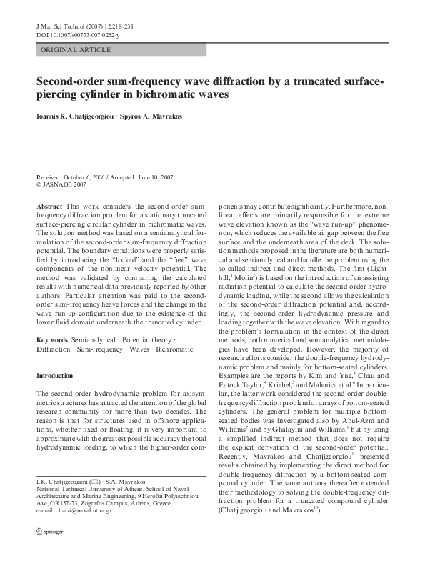 (PDF) Second-order sum-frequency wave diffraction by a truncated ...