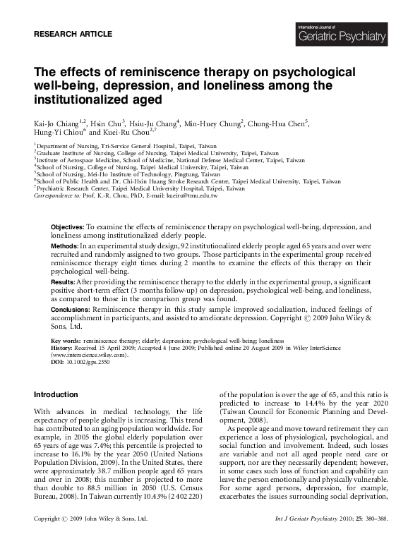 (PDF) The effects of reminiscence therapy on psychological well‐being, depression, and ...