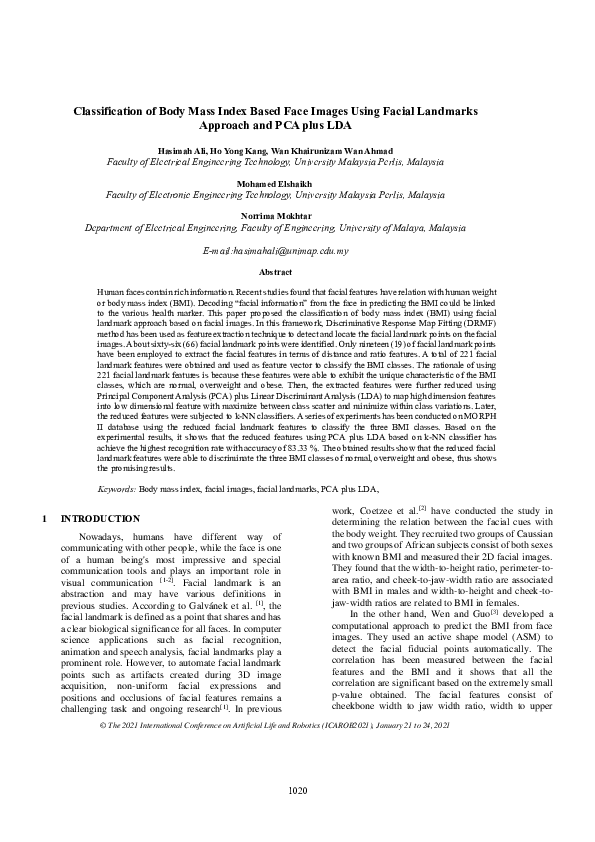 (PDF) Classification of Body Mass Index Based Face Images Using Facial ...
