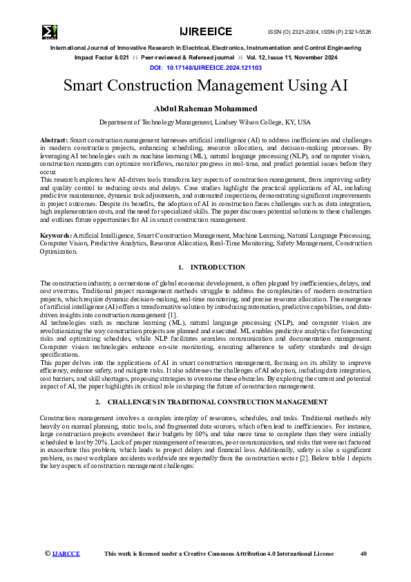 (PDF) SMART CONSTRUCTION MANAGEMENT USING AI . NOVEMBER 2024 IJIREEICE.