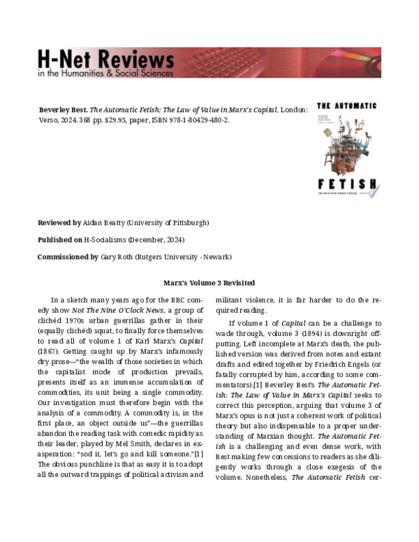 (PDF) Review of Beverley Best. "The Automatic Fetish: The Law of Value ...