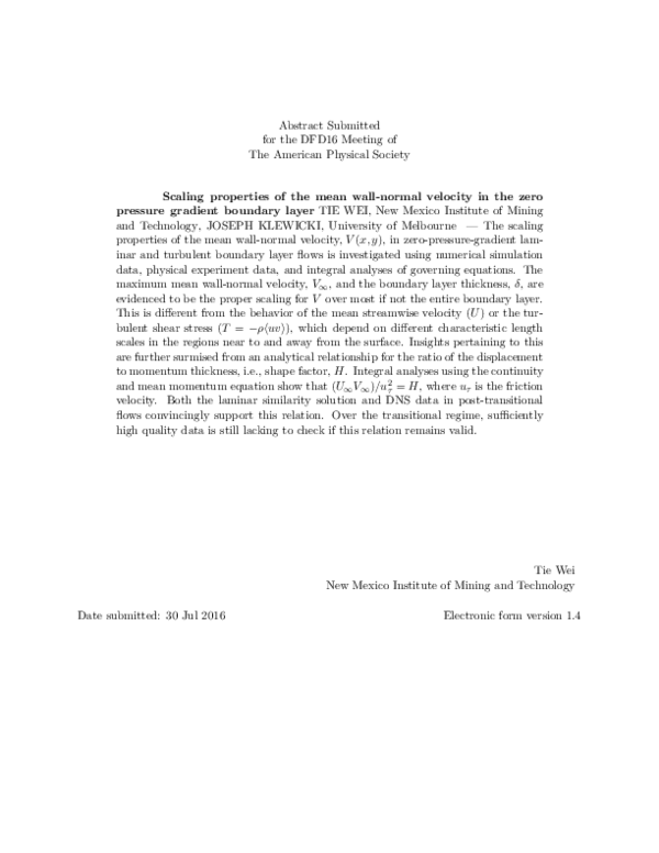 (PDF) Scaling properties of the mean wall-normal velocity in the zero ...