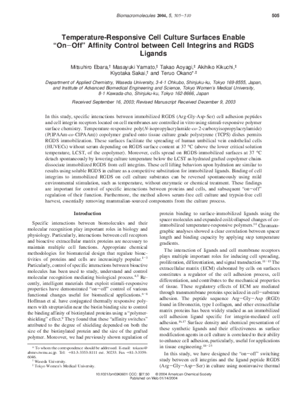 (PDF) Temperature-Responsive Cell Culture Surfaces Enable “On−Off ...
