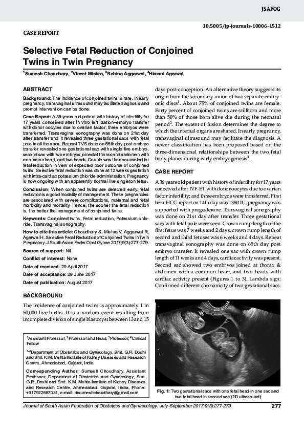 (PDF) Selective Fetal Reduction of Conjoined Twins in Twin Pregnancy