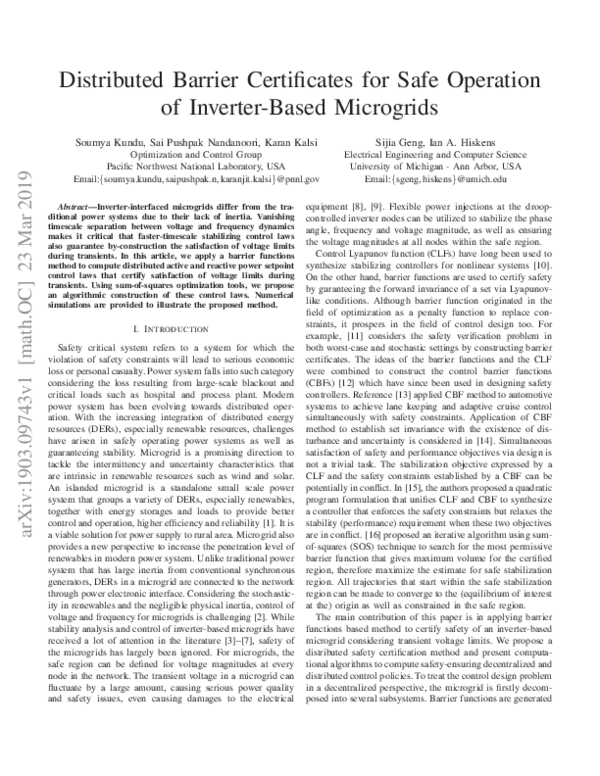(PDF) Distributed Control for Safe Microgrid Operation