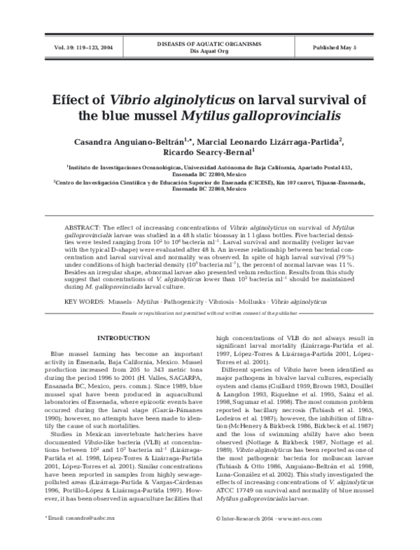 (PDF) Effect of Vibrio alginolyticus on larval survival of the blue ...
