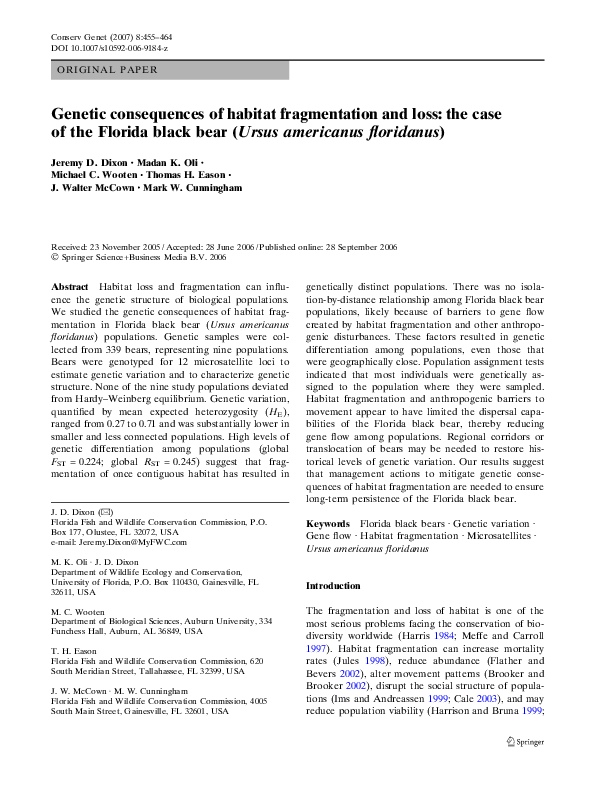 (PDF) Genetic consequences of habitat fragmentation and loss: the case ...