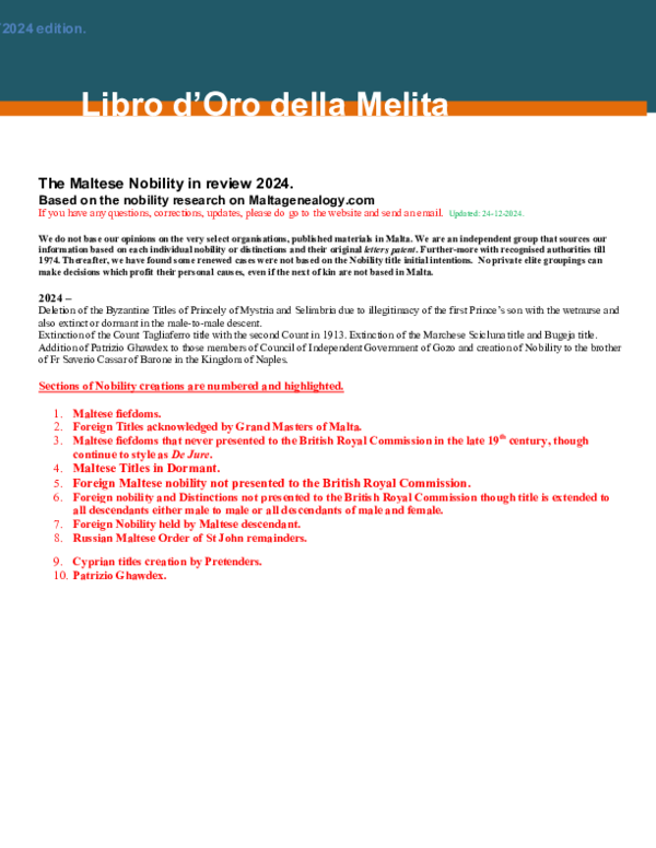 (PDF) Libro d'Oro della Melita - The Maltese Nobility in review 2024