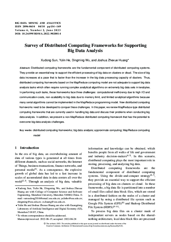 (PDF) Survey of Distributed Computing Frameworks for Supporting Big Data Analysis