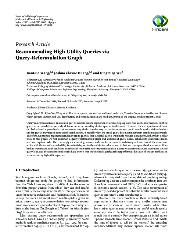 (PDF) Recommending High Utility Queries via Query-Reformulation Graph