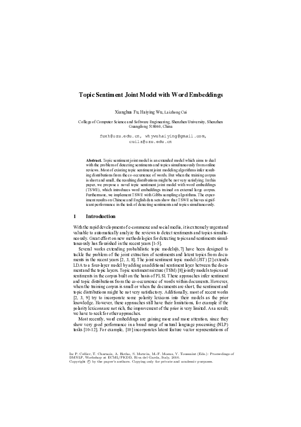 (PDF) Weakly supervised topic sentiment joint model with word embeddings
