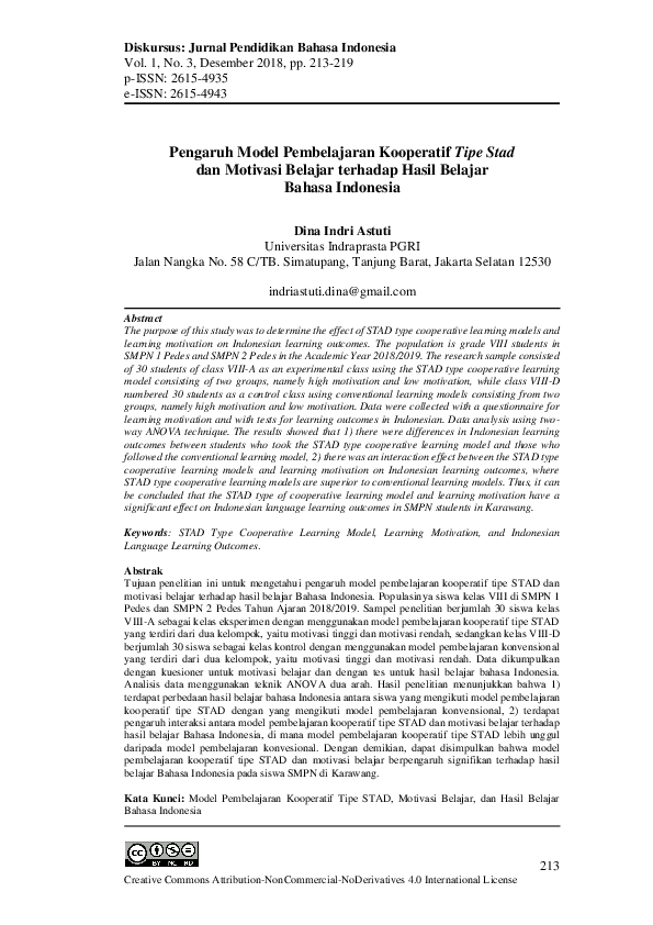 (PDF) Pengaruh Model Pembelajaran Kooperatif Tipe Stad dan Motivasi Belajar terhadap Hasil ...