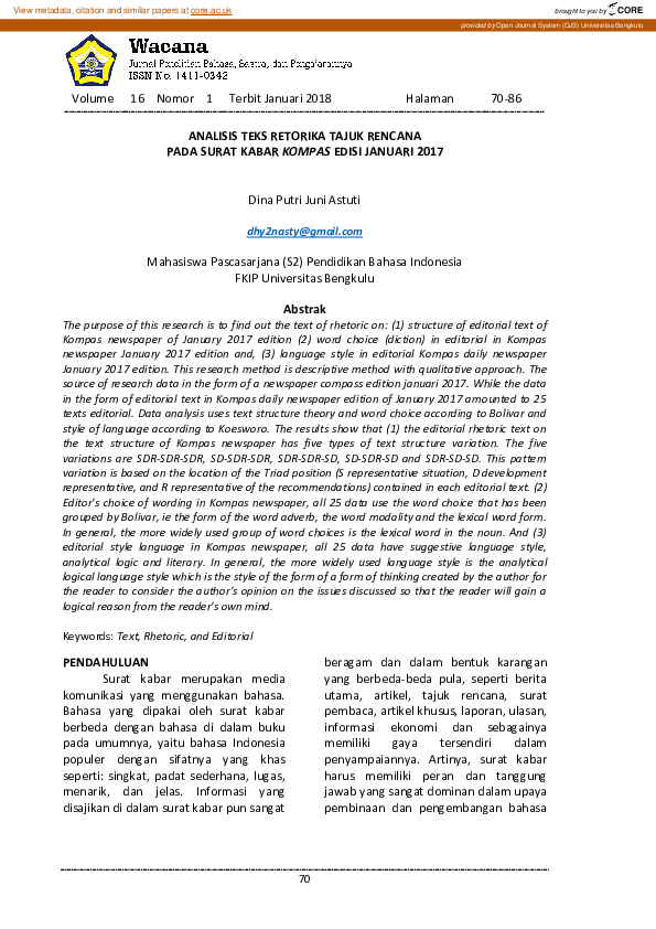 (PDF) Analisis Teks Retorika Tajuk Rencana Pada Surat Kabar Kompas Edisi Januari 2017