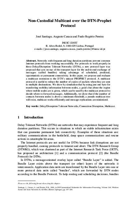 (PDF) Non-Custodial Multicast over the DTN-Prophet Protocol