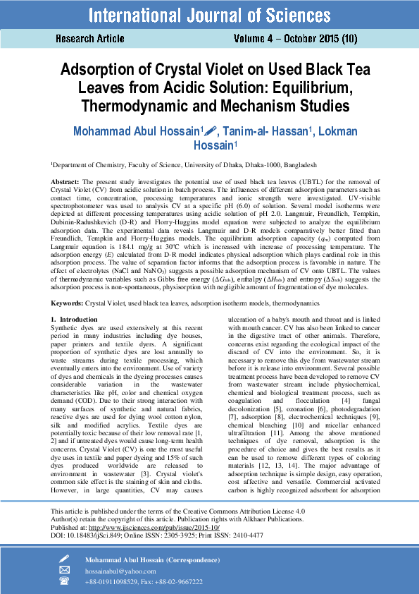 (PDF) Adsorption of crystal violet from acidic aqueous solution-