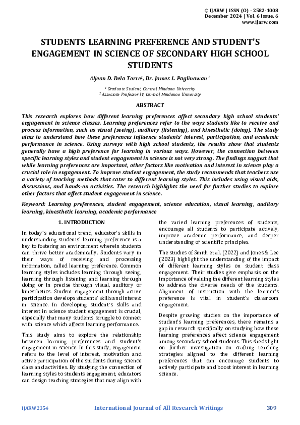 (PDF) STUDENTS LEARNING PREFERENCE AND STUDENT'S ENGAGEMENT IN SCIENCE ...