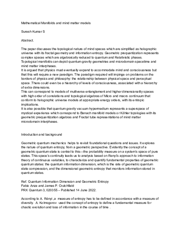(PDF) Mathematical Manifolds and mind matter models