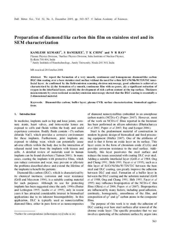 (PDF) Preparation of diamond like carbon thin film on stainless steel ...