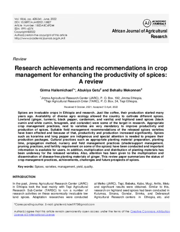 (PDF) Research achievements and recommendations in crop management for ...
