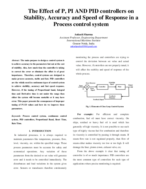 (PDF) The Effect of P, PI and PID controllers on Stability, Accuracy and Speed of Response in a ...
