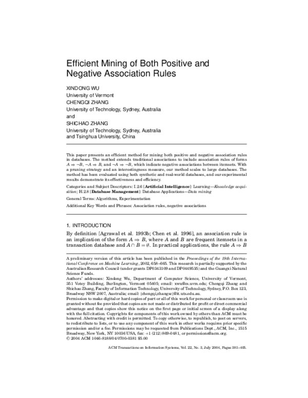 (PDF) Efficient mining of both positive and negative association rules | Xindong Wu - Academia.edu