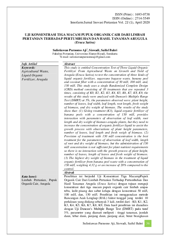 (PDF) Uji Konsentrasi Tiga Macam Pupuk Organik Cair Dari Limbah Pertanian Terhadap Pertumbuhan ...