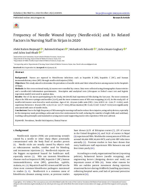 (PDF) Frequency of Needle Wound Injury (Needle-stick) and Its Related ...