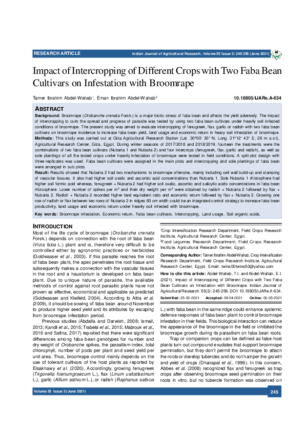 (PDF) Impact of Intercropping of Different Crops with Two Faba Bean Cultivars on Infestation ...