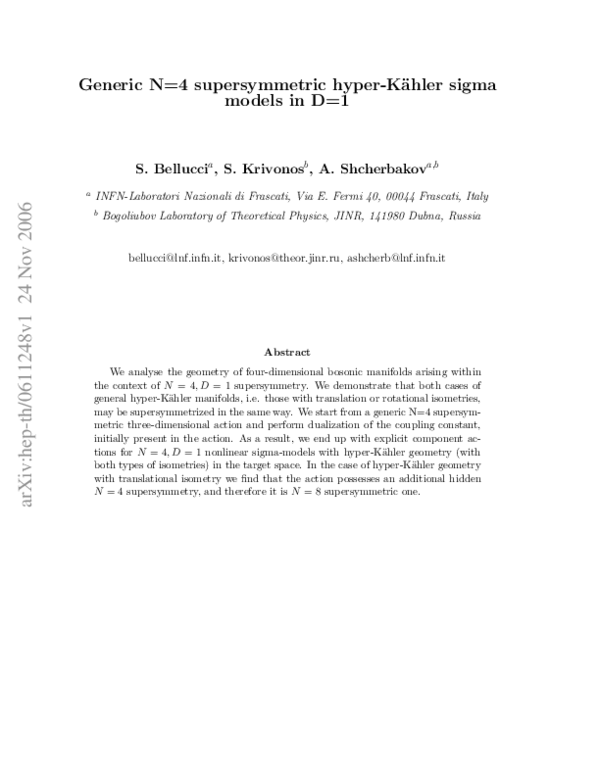(PDF) Generic N=4 supersymmetric hyper-Kähler sigma models in D=1