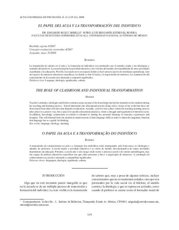 (PDF) El Papel Del Aula y La Transformaci n Del Individuo