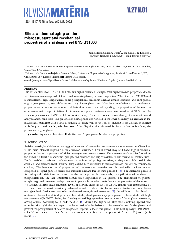 (PDF) Effect of thermal aging on the microstructure and mechanical properties of stainless steel ...