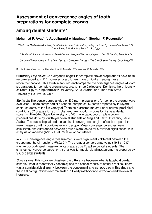 (PDF) Assessment of convergence angles of tooth preparations for ...