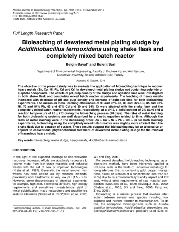 (PDF) Bioleaching of dewatered metal plating sludge by ...