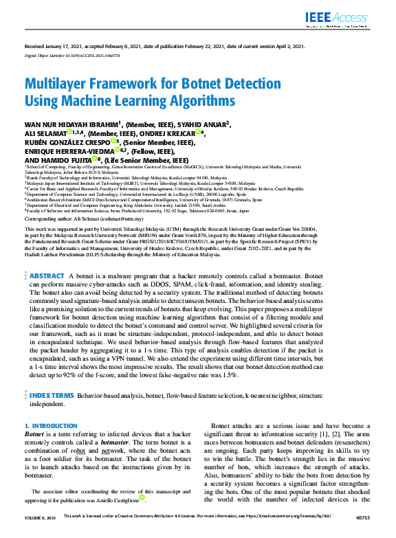 (PDF) Multilayer Framework for Botnet Detection Using Machine Learning Algorithms