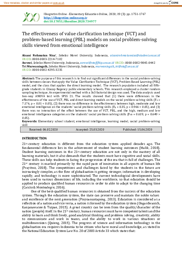 (PDF) The effectiveness of value clarification technique (VCT) and problem-based learning (PBL ...