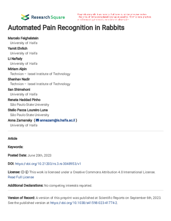 (PDF) Automated Pain Recognition in Rabbits
