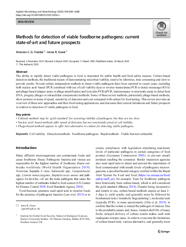 Pdf Methods For Detection Of Viable Foodborne Pathogens Current State Of Art And Future Prospects