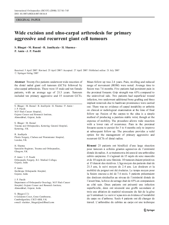 (PDF) Wide excision and ulno-carpal arthrodesis for primary aggressive ...