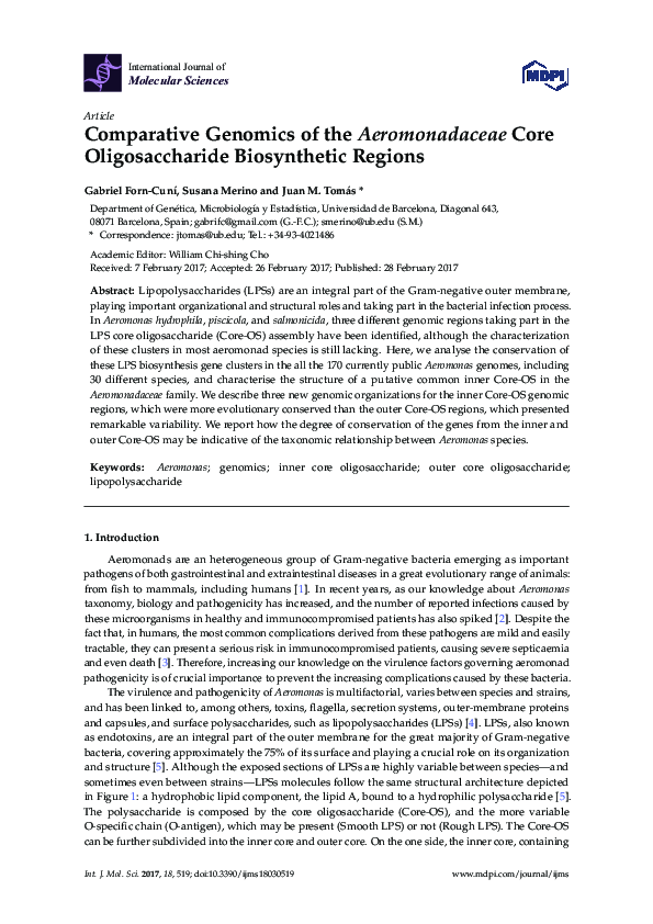 (PDF) Comparative Genomics of the Aeromonadaceae Core Oligosaccharide Biosynthetic Regions