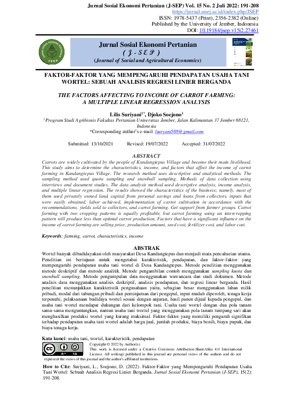(PDF) Faktor-Faktor Yang Mempengaruhi Pendapatan Usaha Tani Wortel: Sebuah Analisis Regresi ...