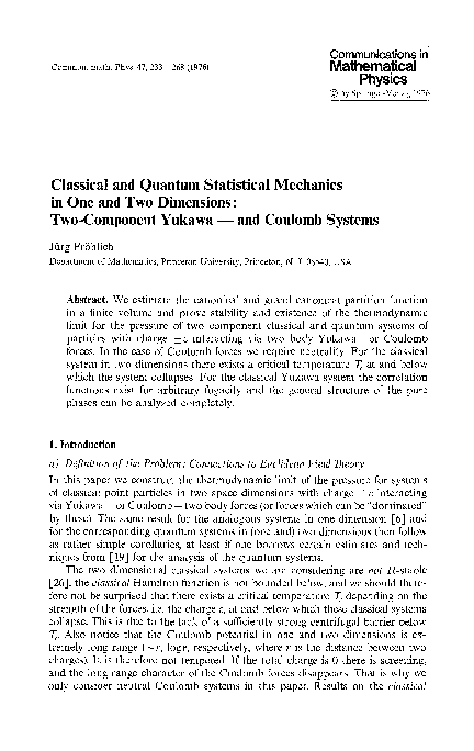 (PDF) Classical and quantum statistical mechanics in one and two dimensions: Two-component ...