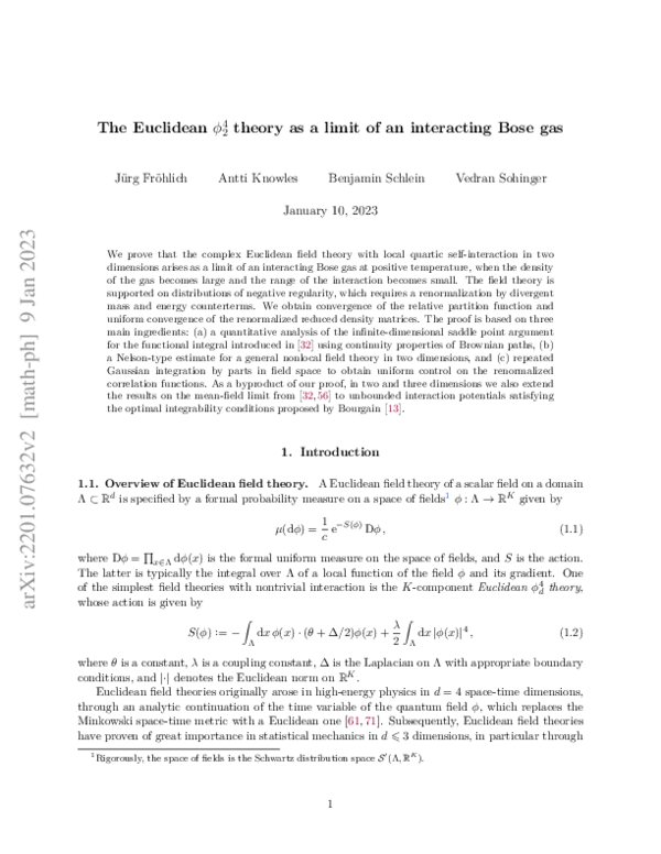 (PDF) The Euclidean $\phi^4_2$ theory as a limit of an interacting Bose gas | Juerg Froehlich ...