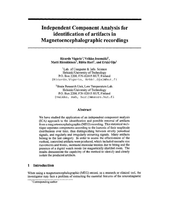 (PDF) Independent Component Analysis for Identification of Artifacts in ...