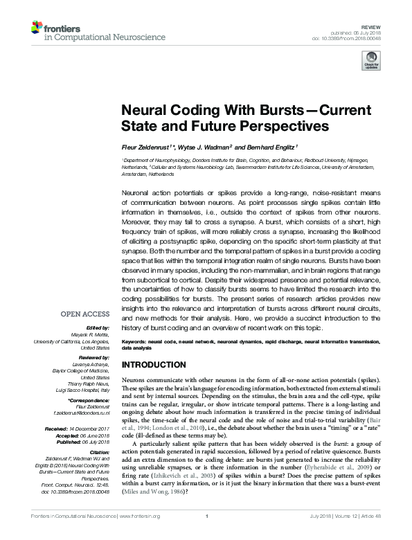 (PDF) Neural Coding With Bursts—Current State and Future Perspectives