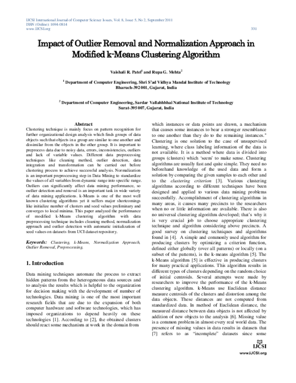 (PDF) Impact of Outlier Removal and Normalization Approach in Modified k-Means Clustering Algorithm