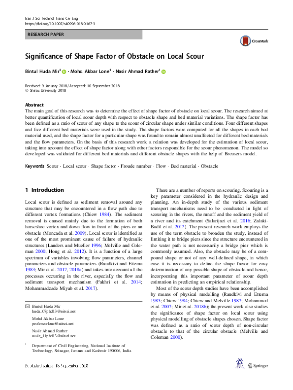 (PDF) Significance of Shape Factor of Obstacle on Local Scour