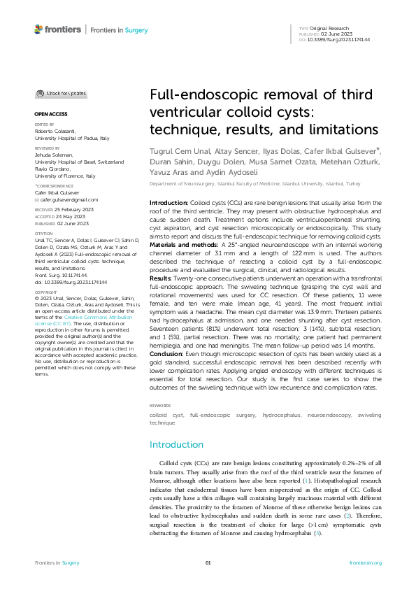 (PDF) Full-endoscopic removal of third ventricular colloid cysts ...